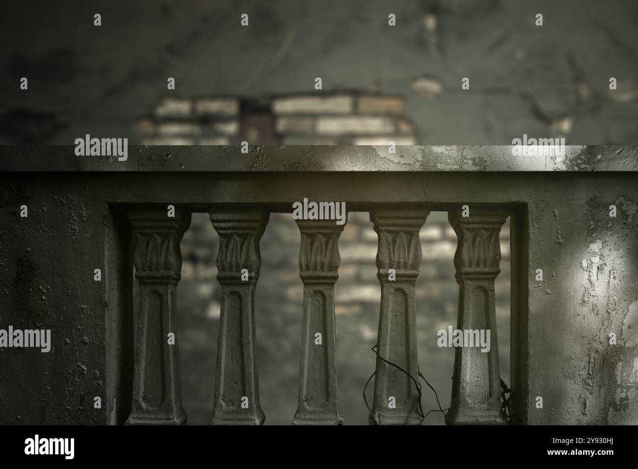 Black balustrade with five pillars and abandoned wall background. Scene ...