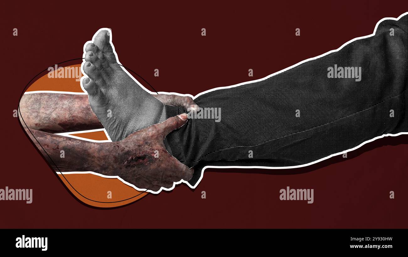 A zombie hand with a bloody wound grabs a human leg. Scene has dark and ...