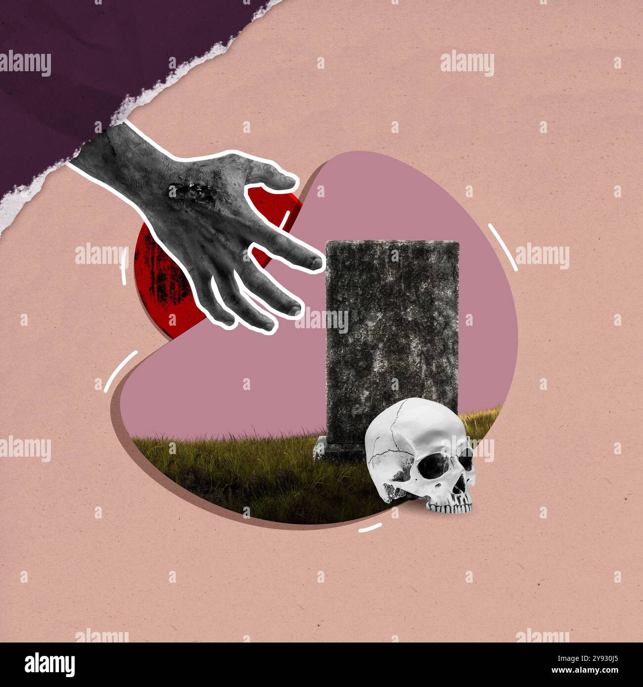 Zombie hand reaching out to human skull head on the tombstone. Hand ...