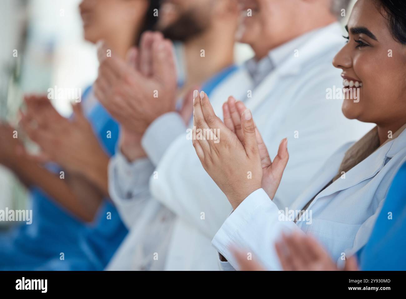 Conference, medial team and smile with applause on presentation for ...