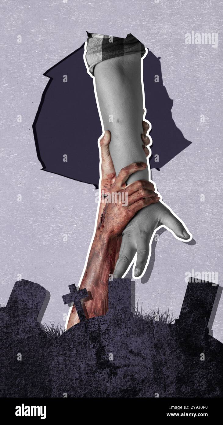 A zombie hand with a bloody wound grabs a human hand in dark room ...