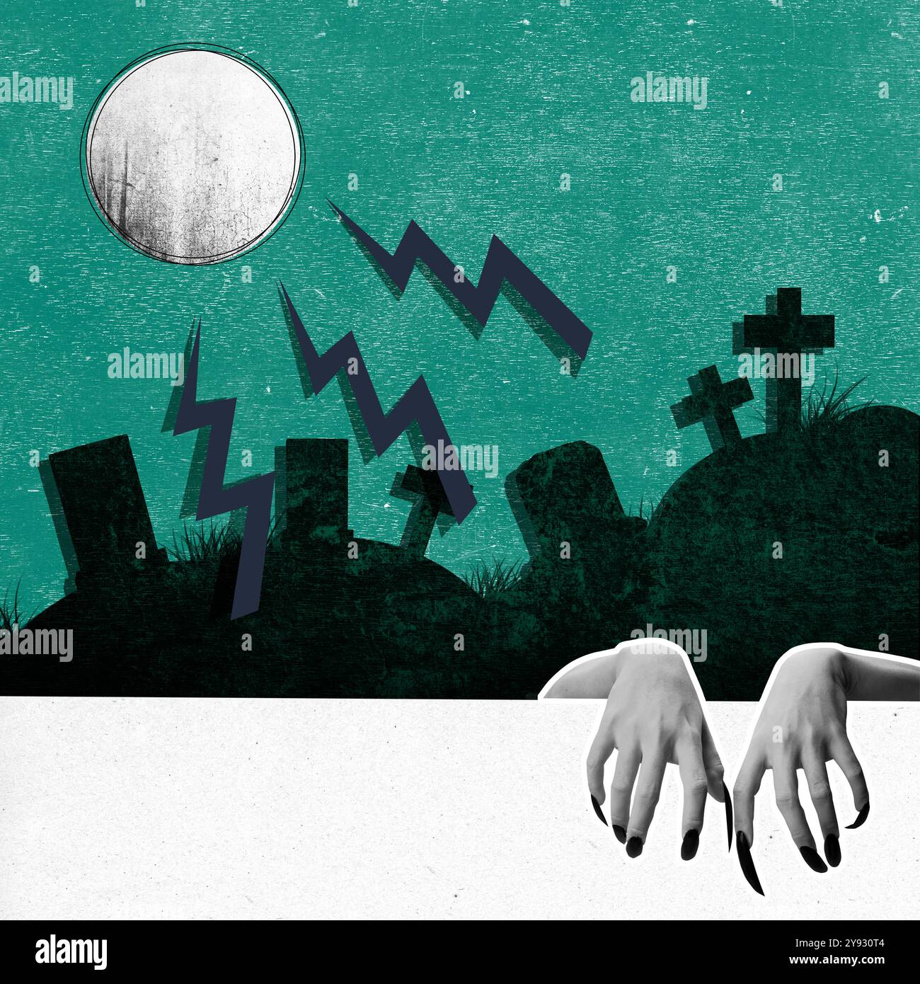 Witch hand with long nail claw reaching out with graveyard and full ...