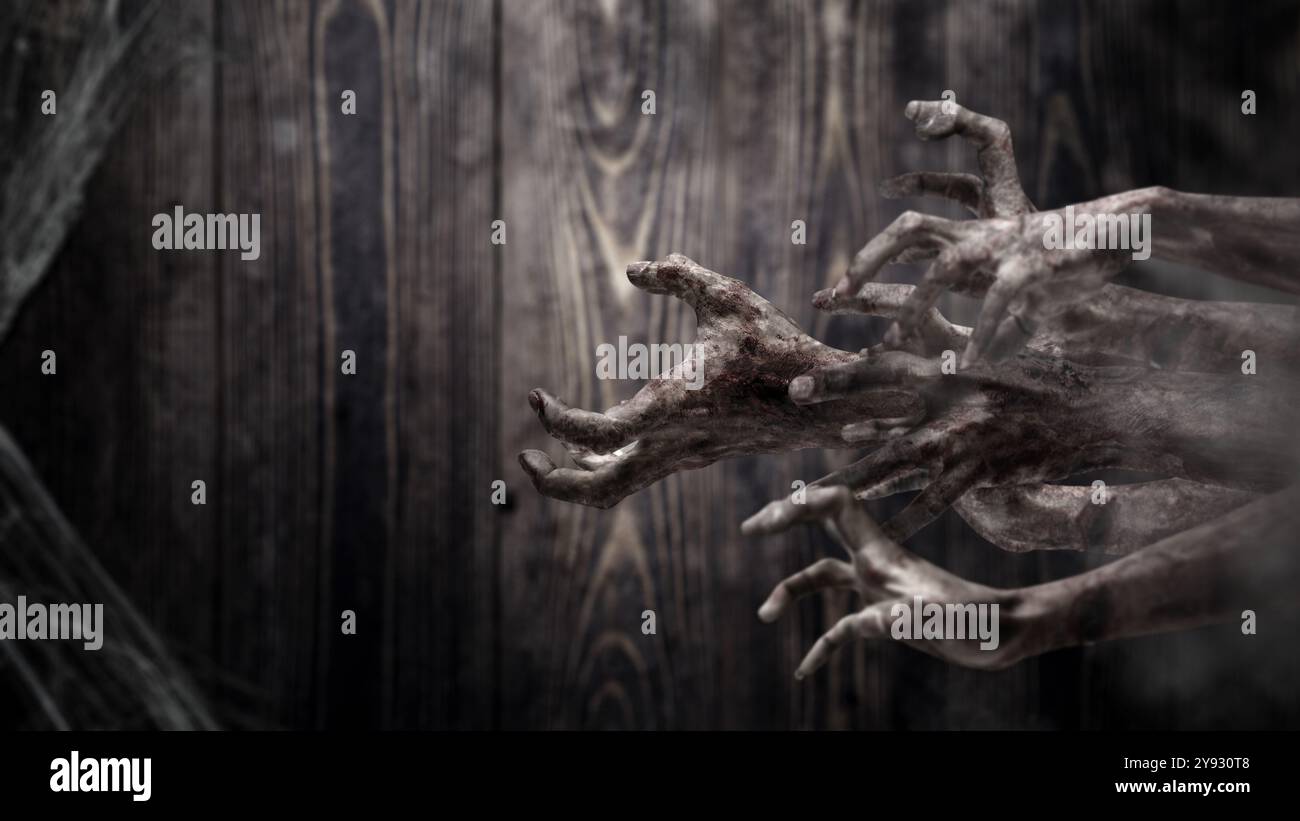 Group of zombie hands with bloody wound shown on wooden wall with ...