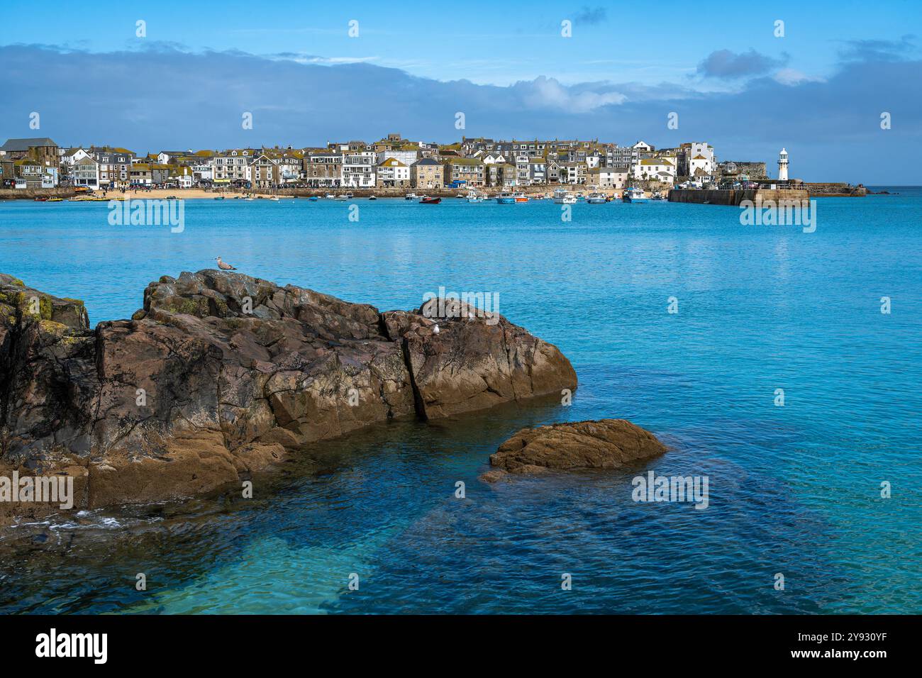 Townscape of St Ives, view of the harbour and the St Ives Lighthouse ...