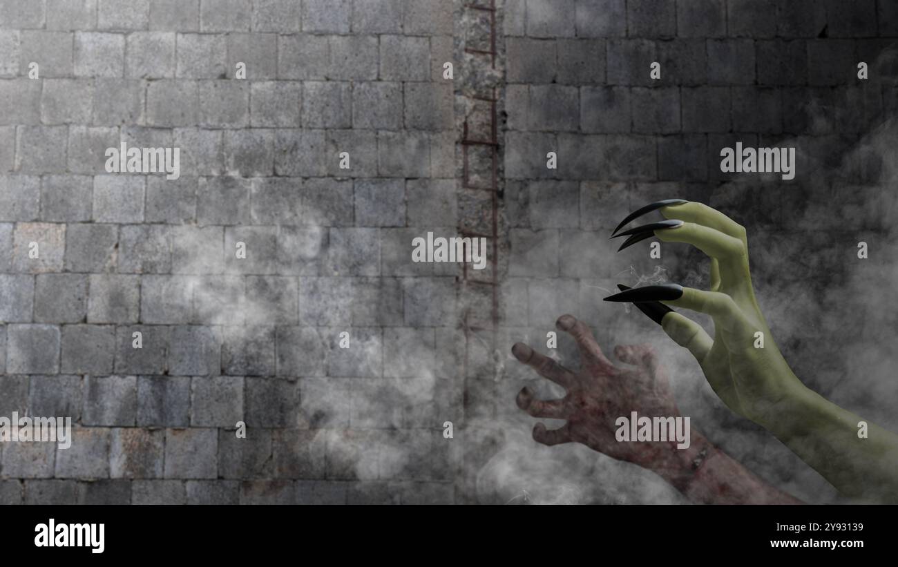 Witches hand with long nail claw and zombie hands with bloody wound is ...