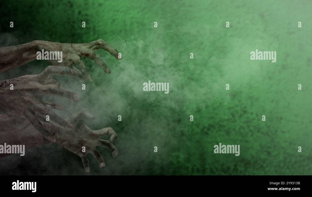 Group of zombie hands with bloody wound shown with green wall ...
