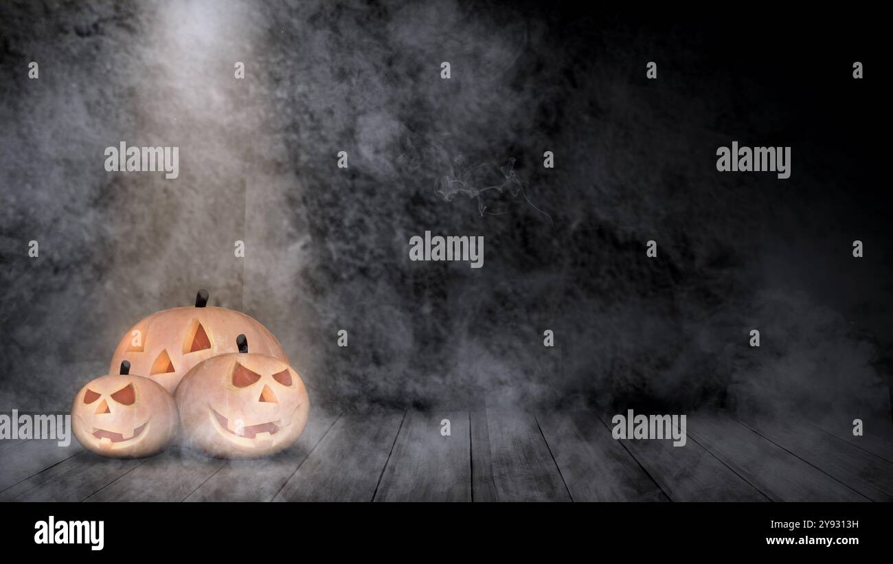 Three jack o lantern on wooden floor with grungy black wall background ...