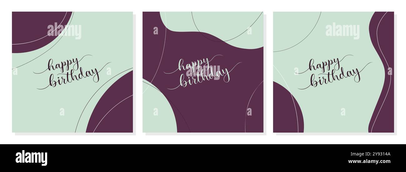 Happy birthday card set, posters mint and bordo colors, inscription ...