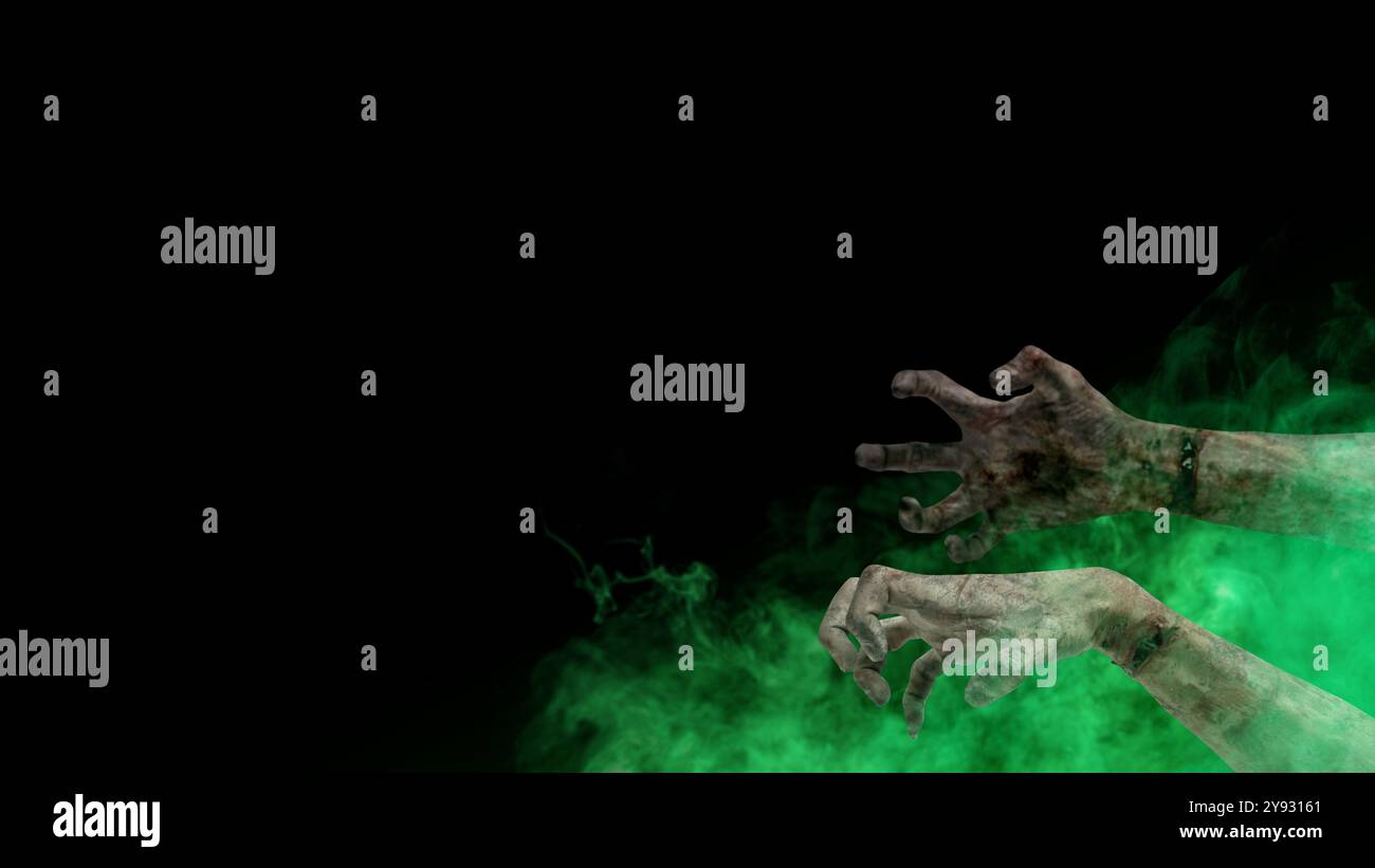 Two zombie hands with bloody wound shown with green smokes on dark ...