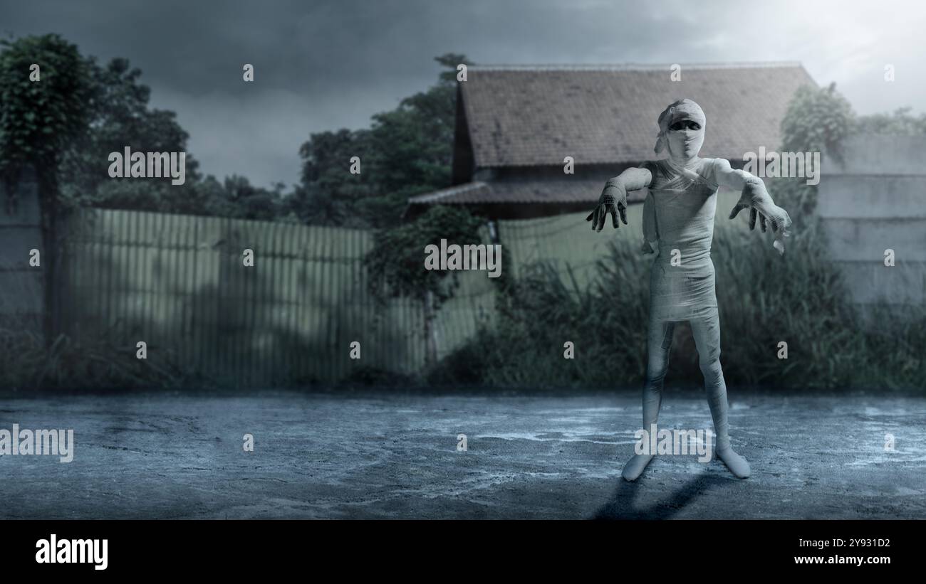 Mummy in bandages standing on the midnight, with a creepy, dark and ...