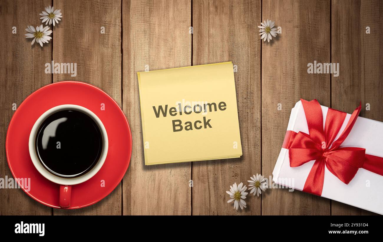 Yellow note showing word "Welcome back" written on it. Welcome greeting ...