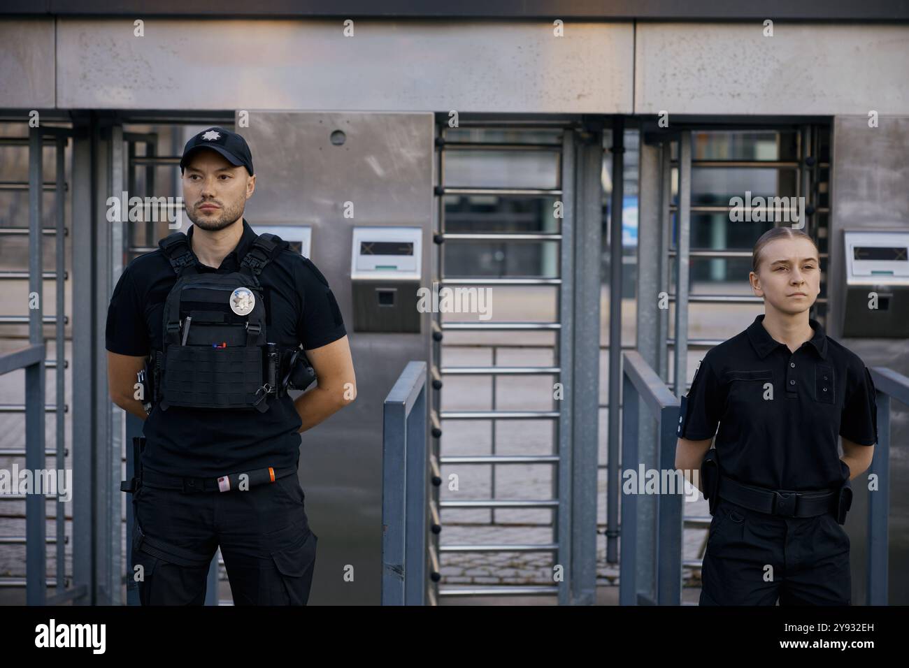 Diverse police officers patrolling and guarding entrance to public ...