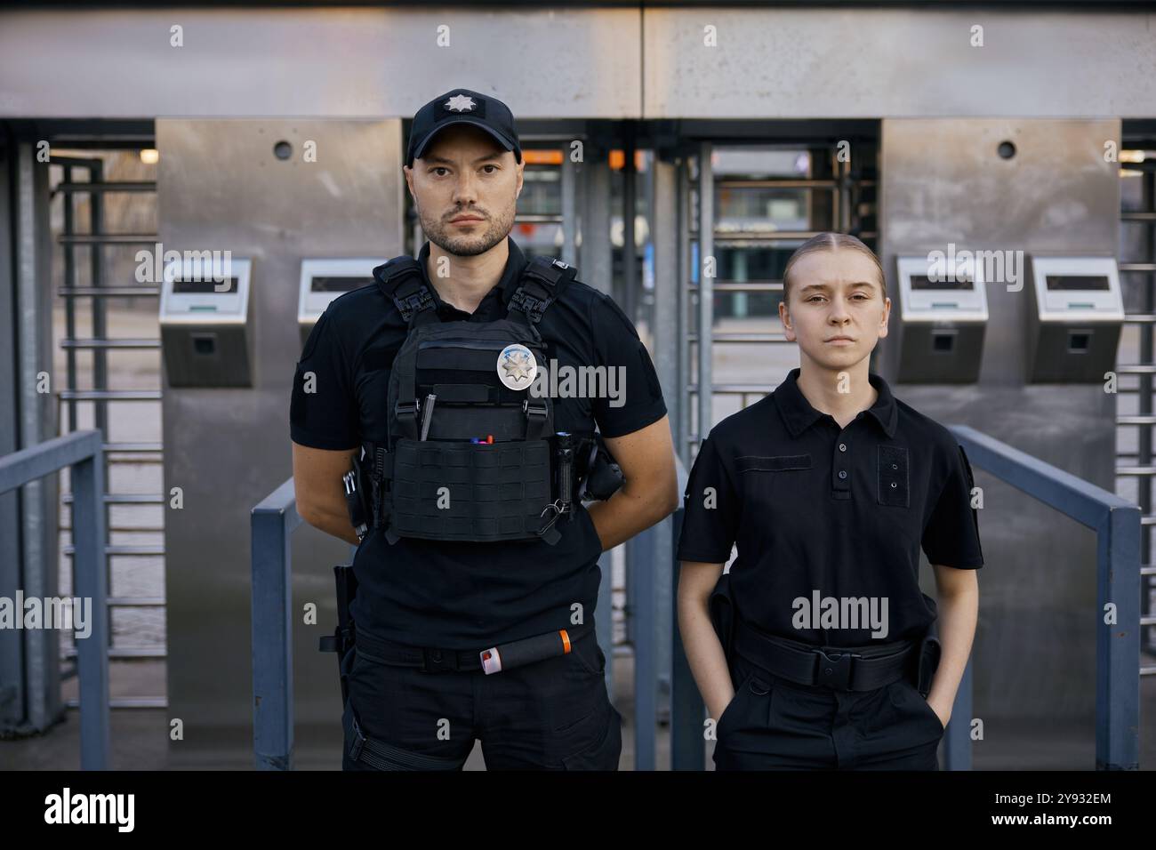 Diverse police officers patrolling and guarding entrance to public ...