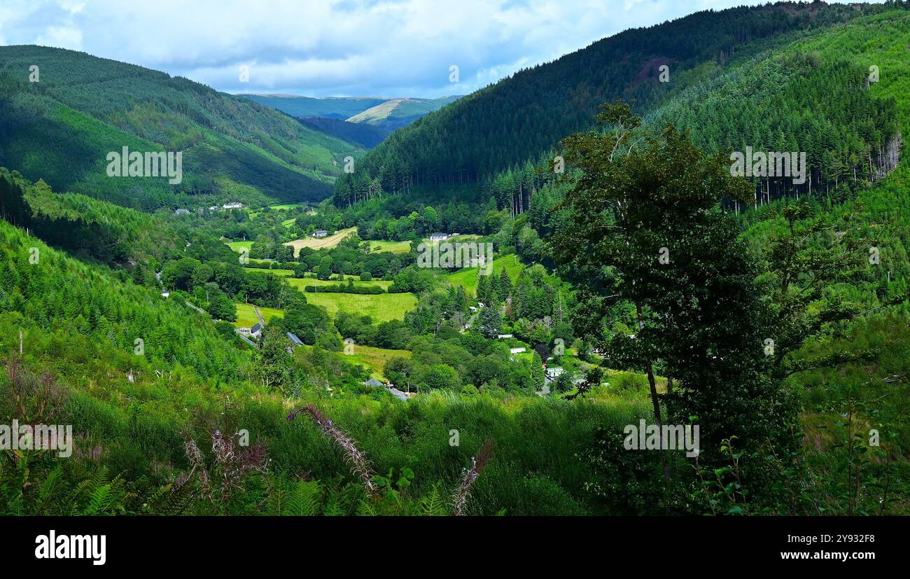 The Dulas Valley near Corris showing hills forests woodland and fields ...