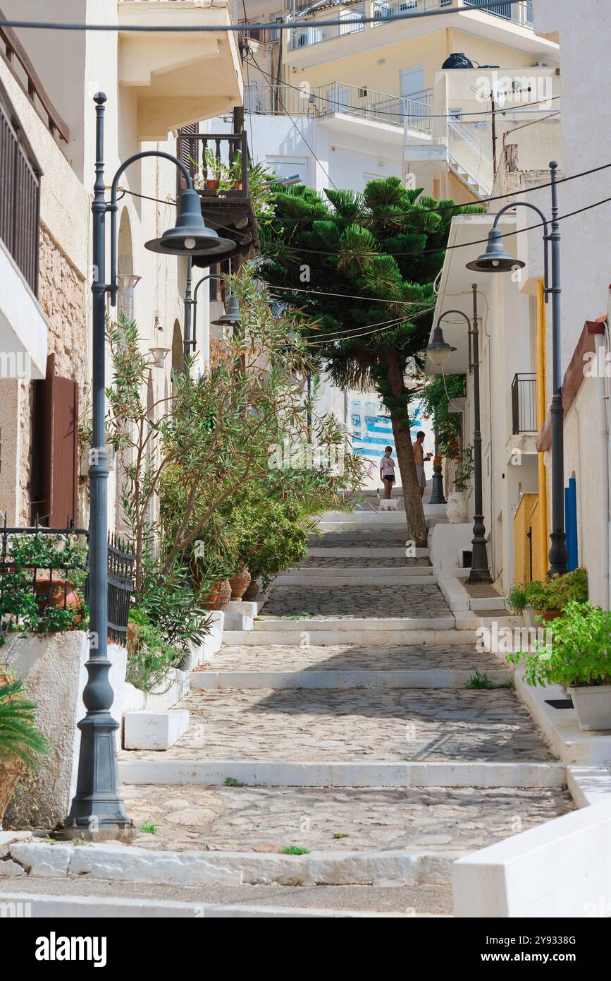 Greek town, view of a traditional neighbourhood street in the resort ...