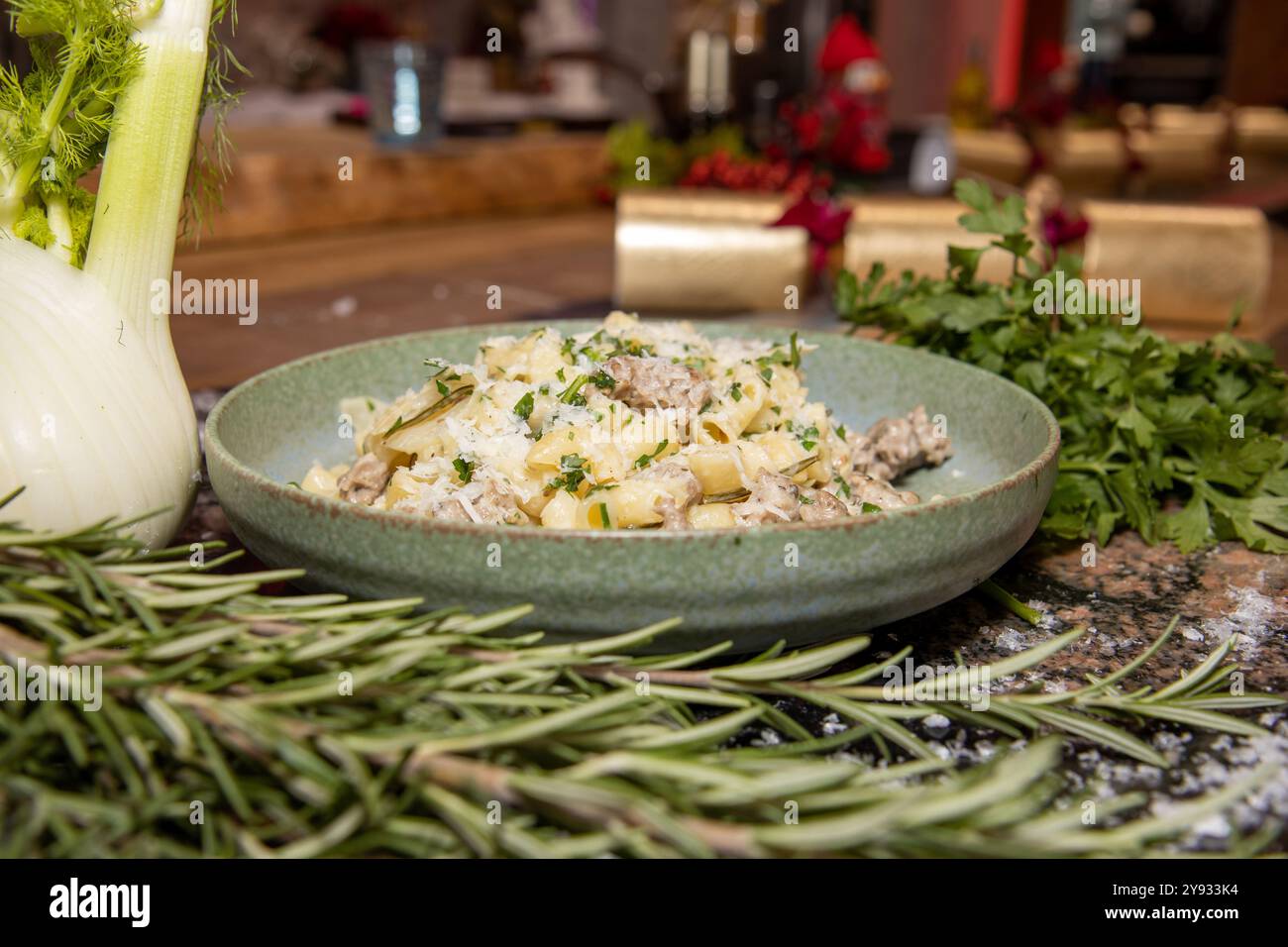 A delicious plate of Greek Yoghurt Pasta in a kitchen showing the dish ...