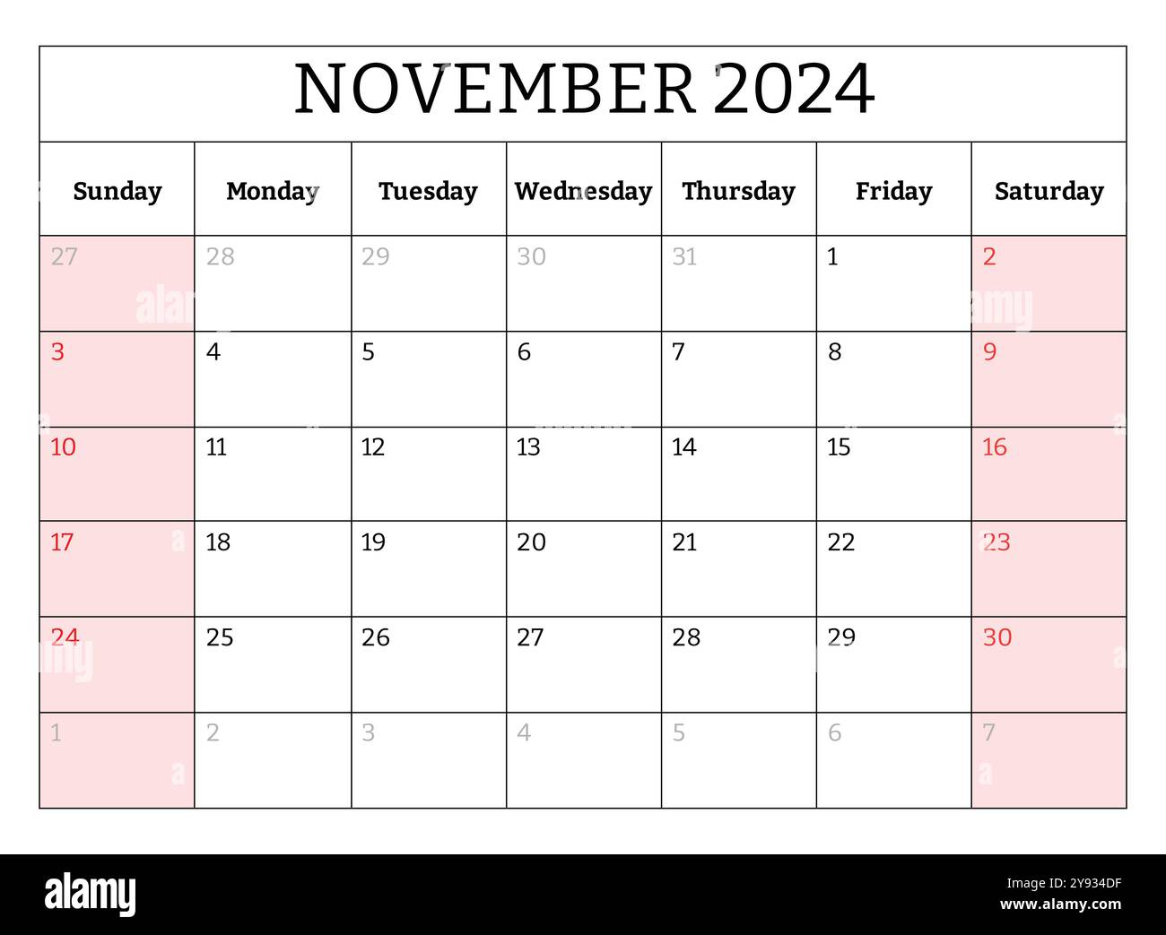 November 2024 ENGLISH month calendar. Vector printable illustration ...