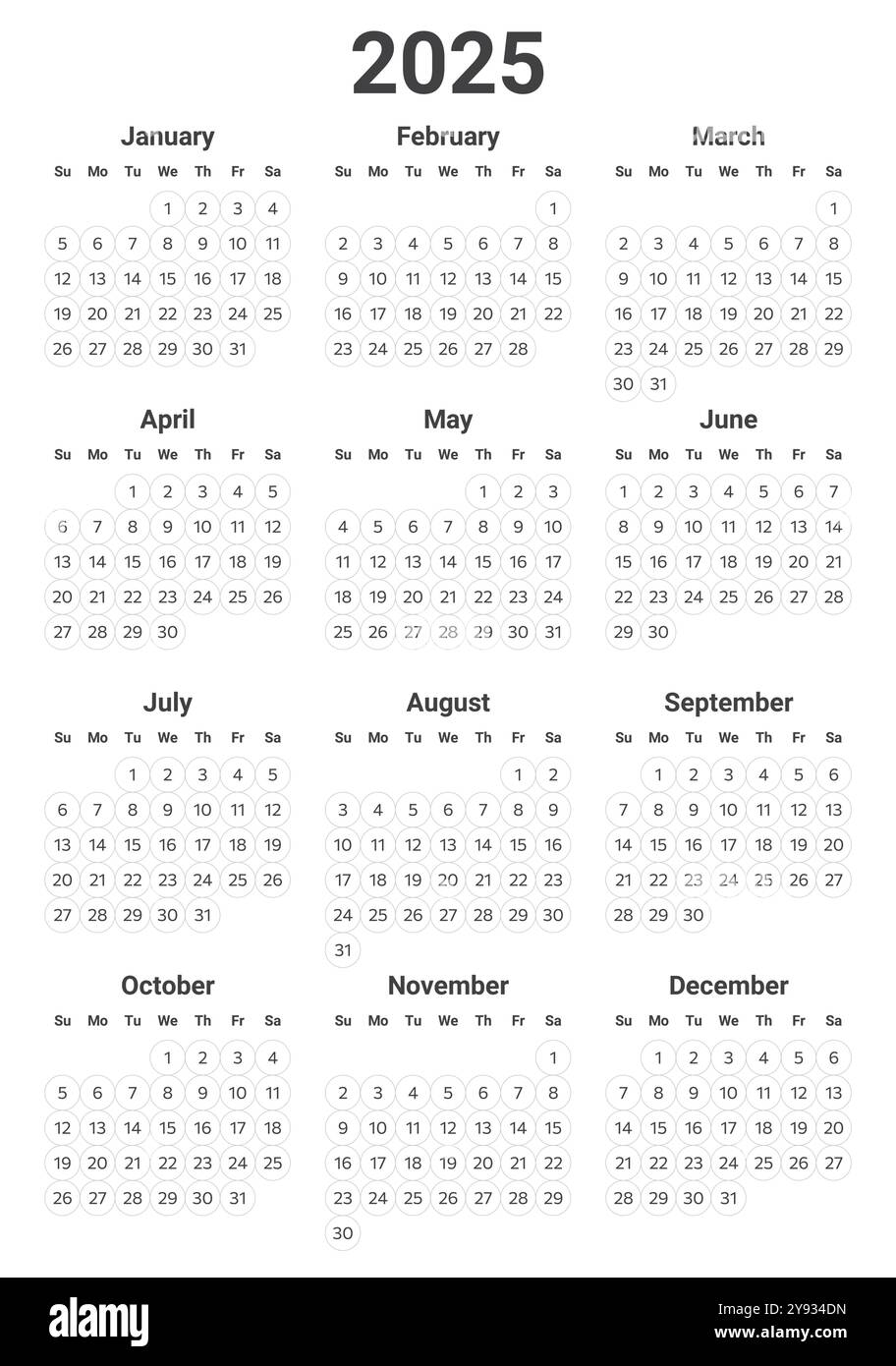 2025 year english vector calendar with 12 months. Vertical. Black color Stock Vector Image & Art ...