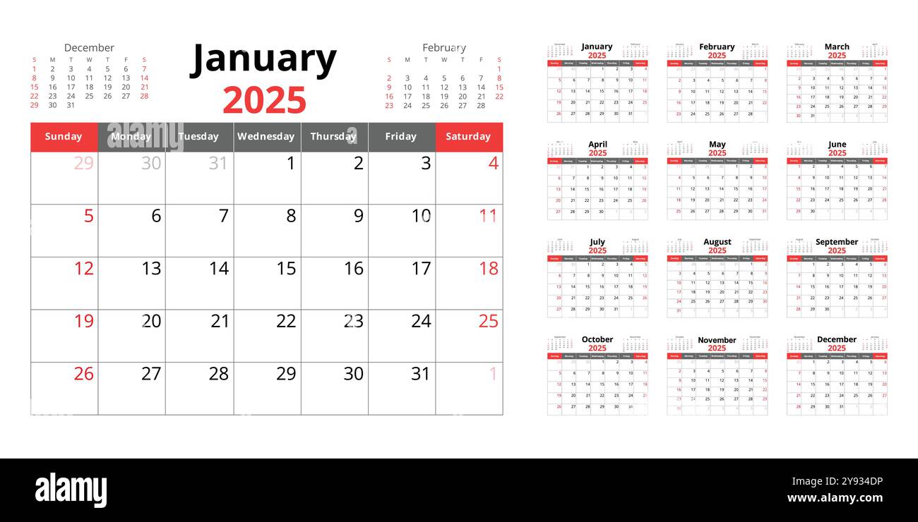 2025 calendar. A vector set of English monthly calendars. Design with ...