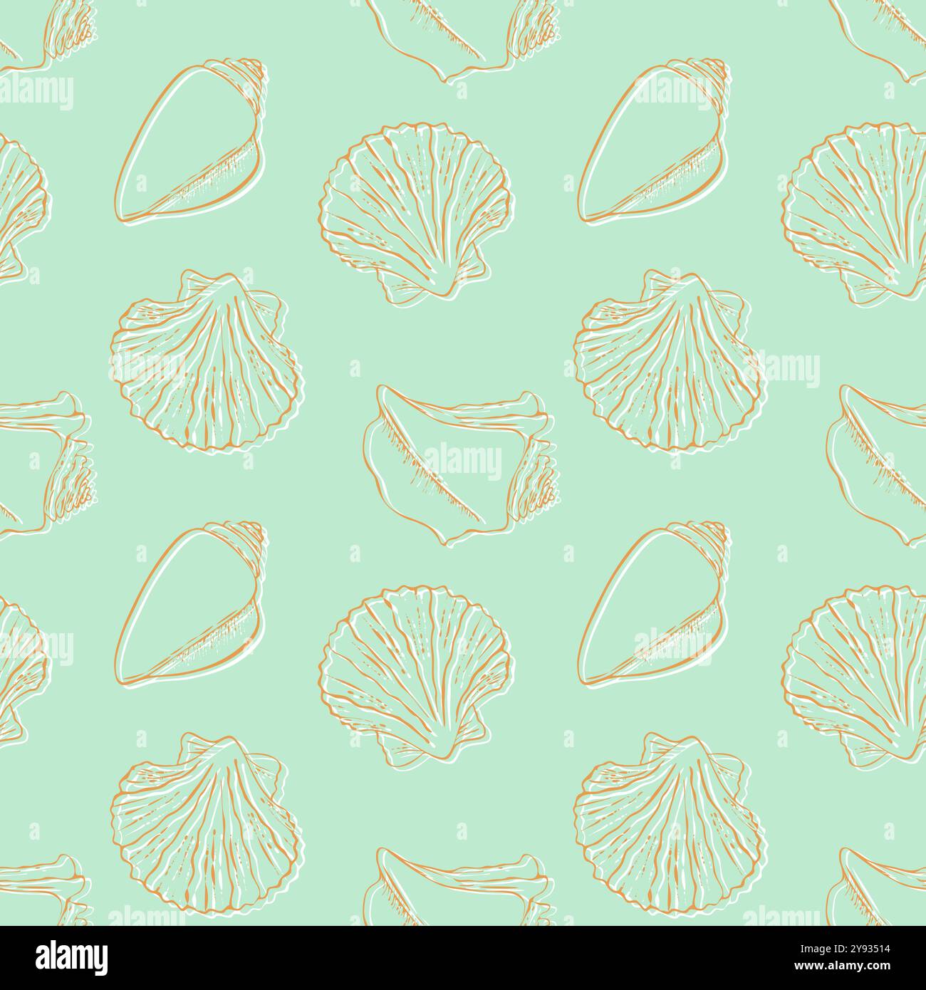 Sea ocean pattern with seashells on the sand beach, mint green ...