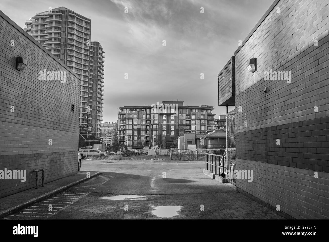 Alley way with brick wall. Urban Exploration Eyelevel Perspective ...