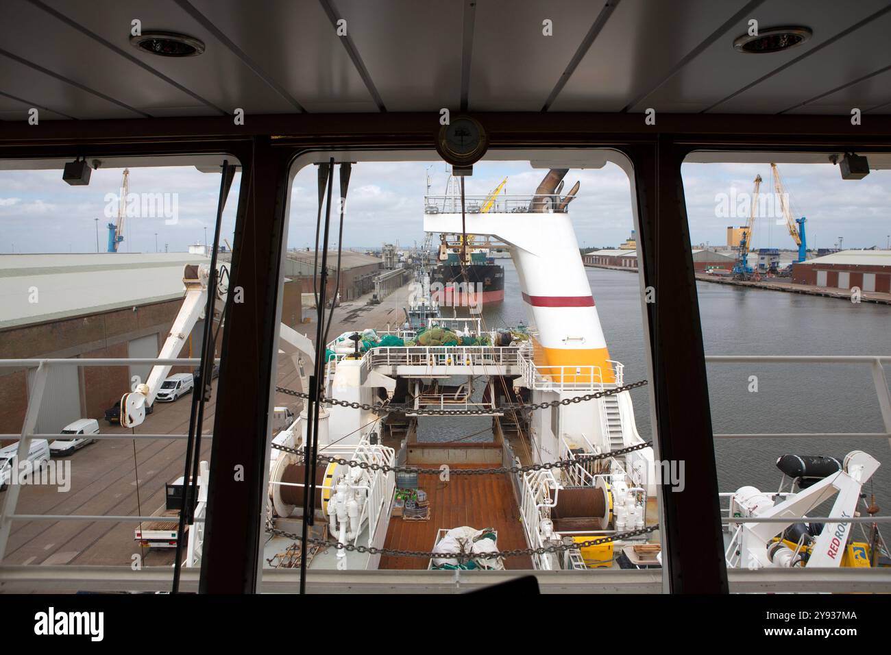 Looking out from the Bridge onboard the Kirkella. The Kirkella is a ...