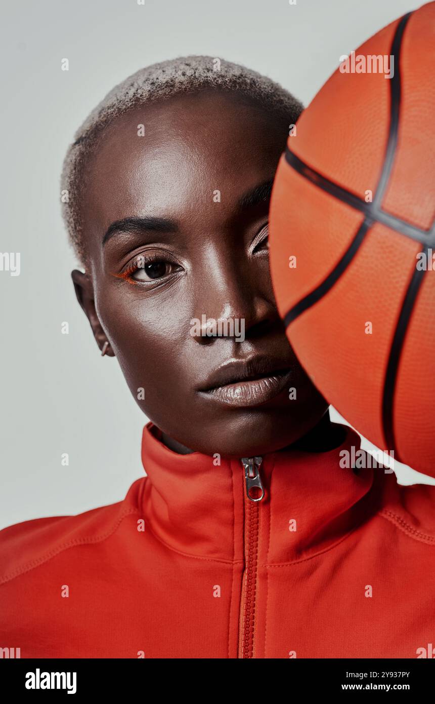 Basketball, sports and portrait with black woman in studio for ...