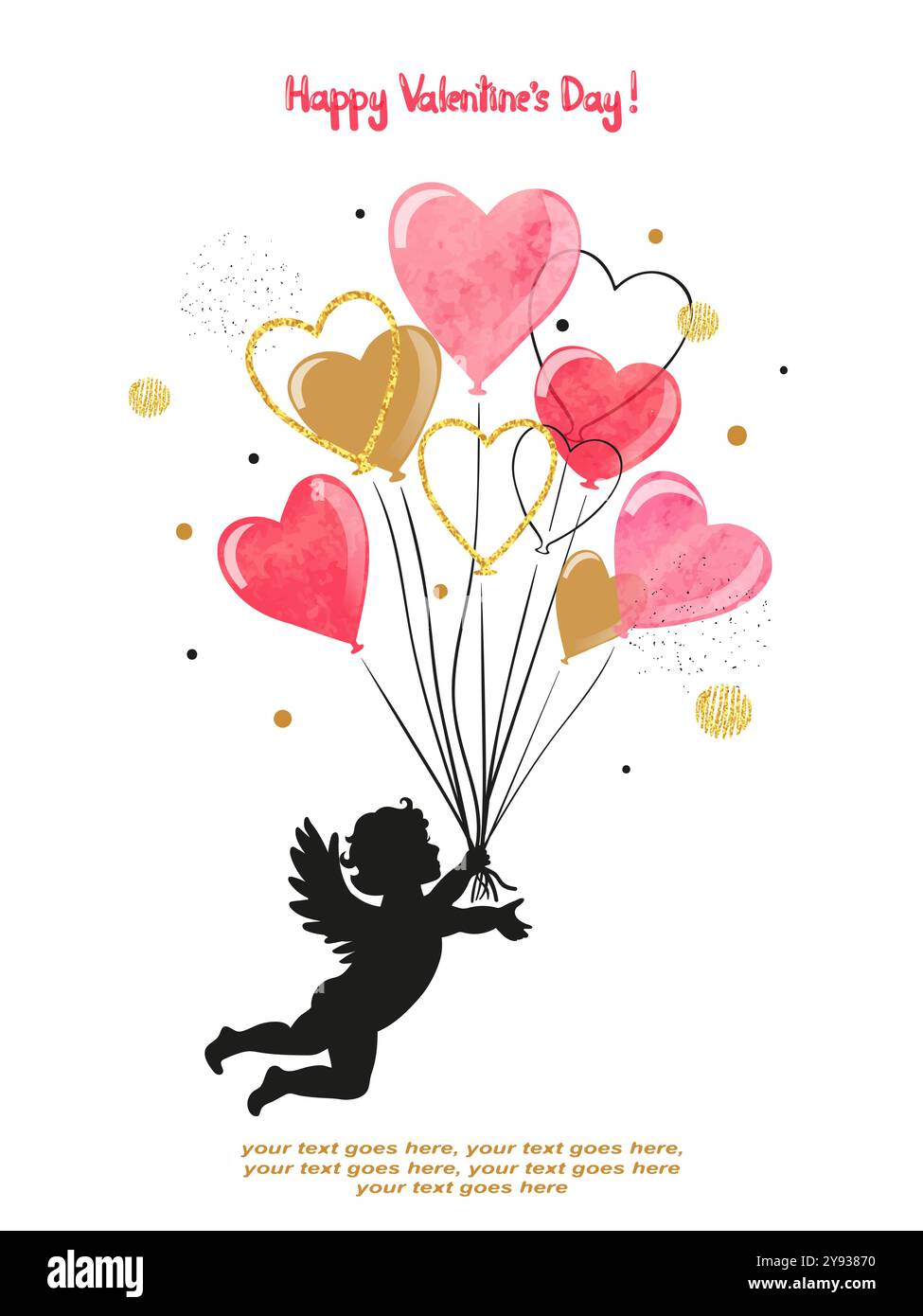 Valentines Day card design with cupid and heart shaped balloons. Vector ...