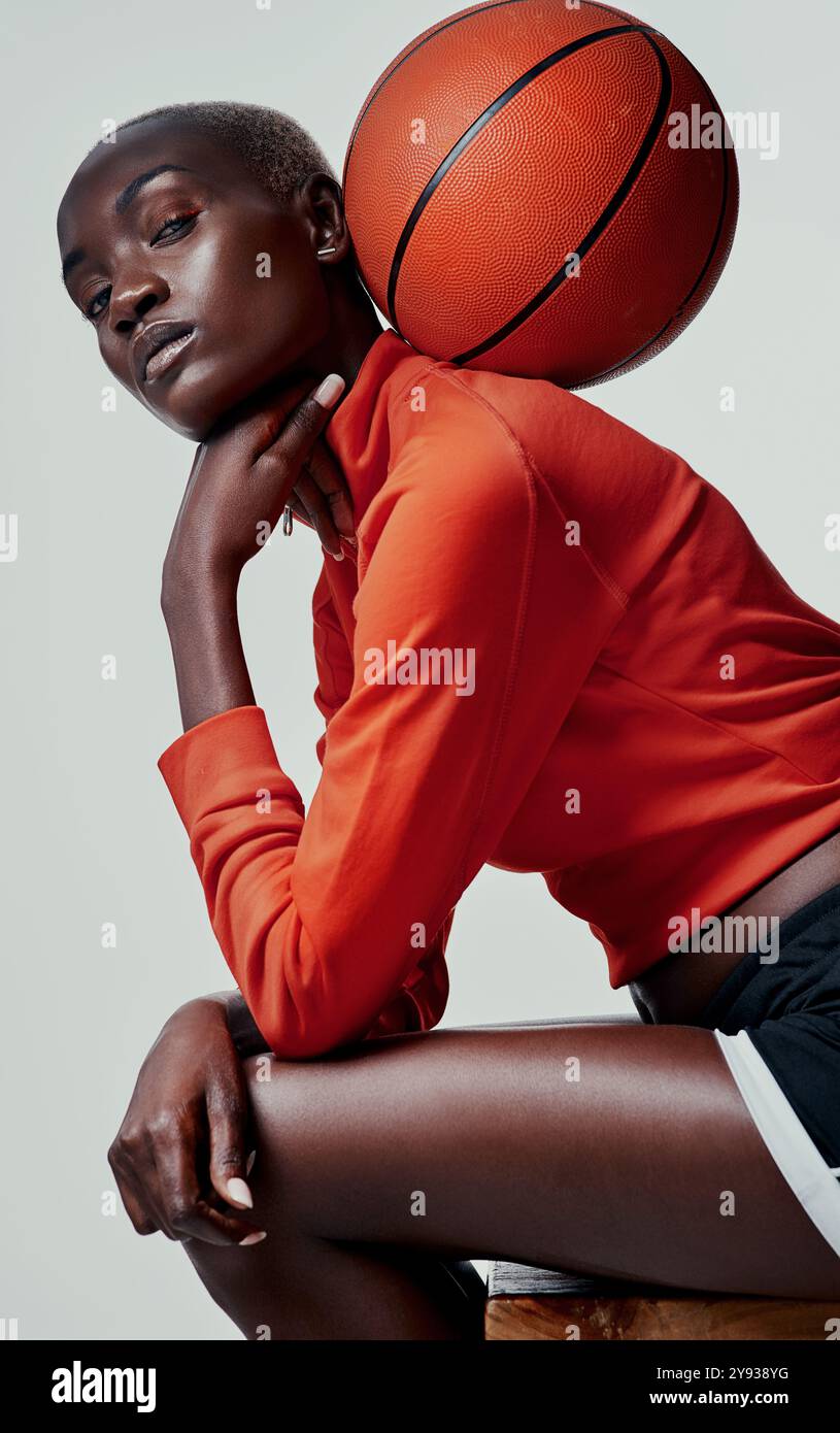 Basketball, model and portrait with black woman in studio for ...