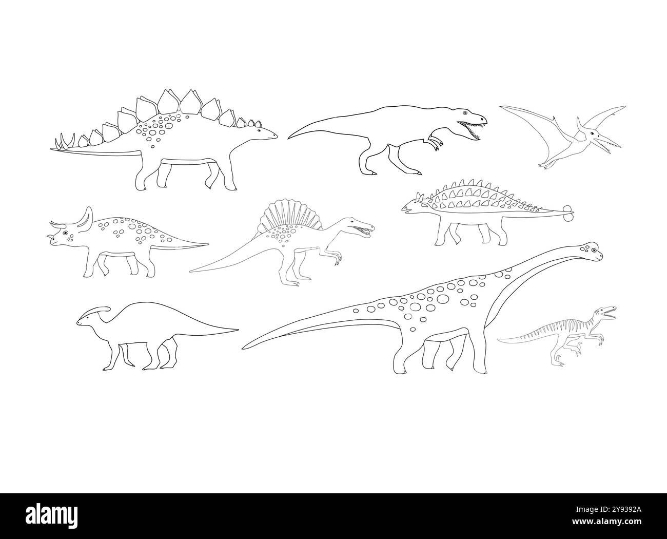 Vector set of flat hand drawn outline dinosaurs isolated on white ...