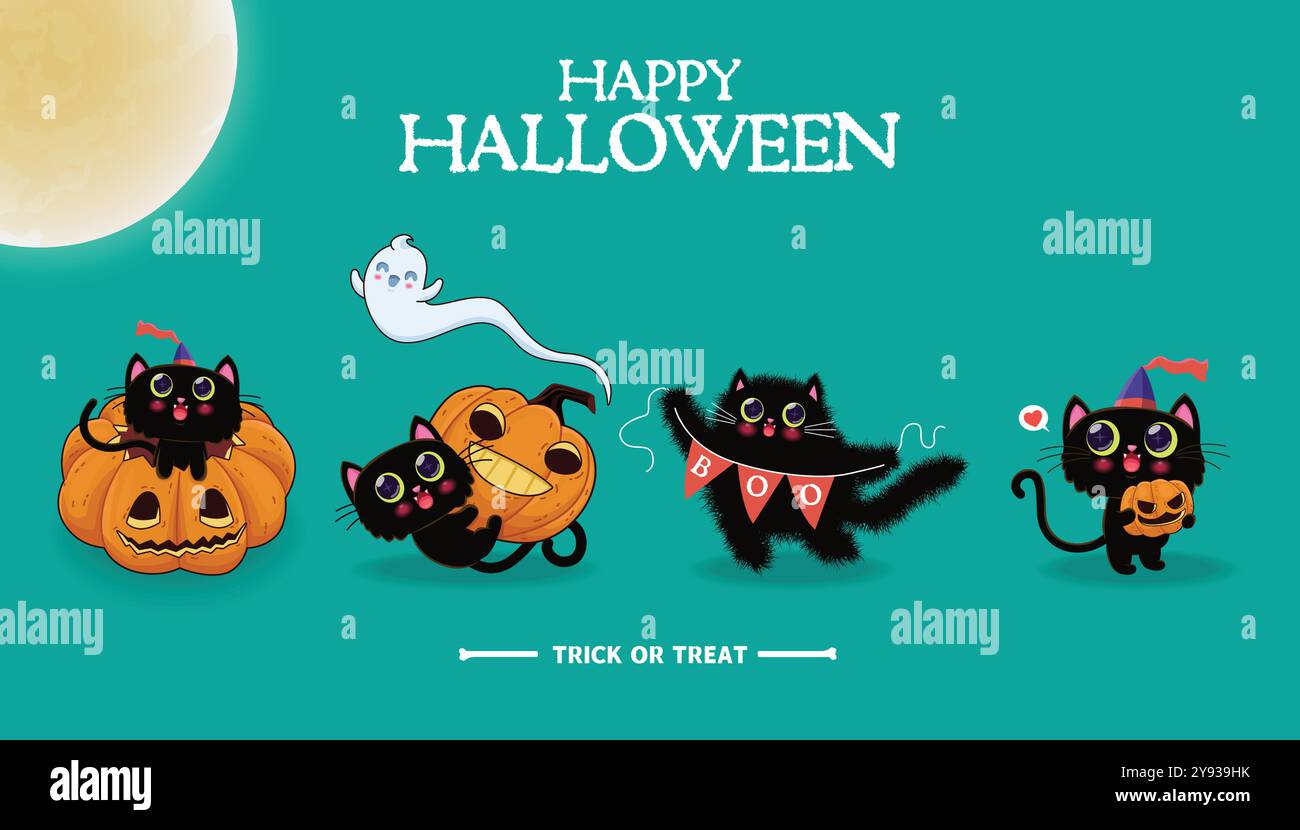 Vintage Halloween poster design with vector cat, jack o lantern, ghost ...