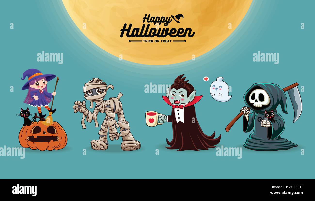 Vintage Halloween poster design with vector witch, vampire, mummy ...