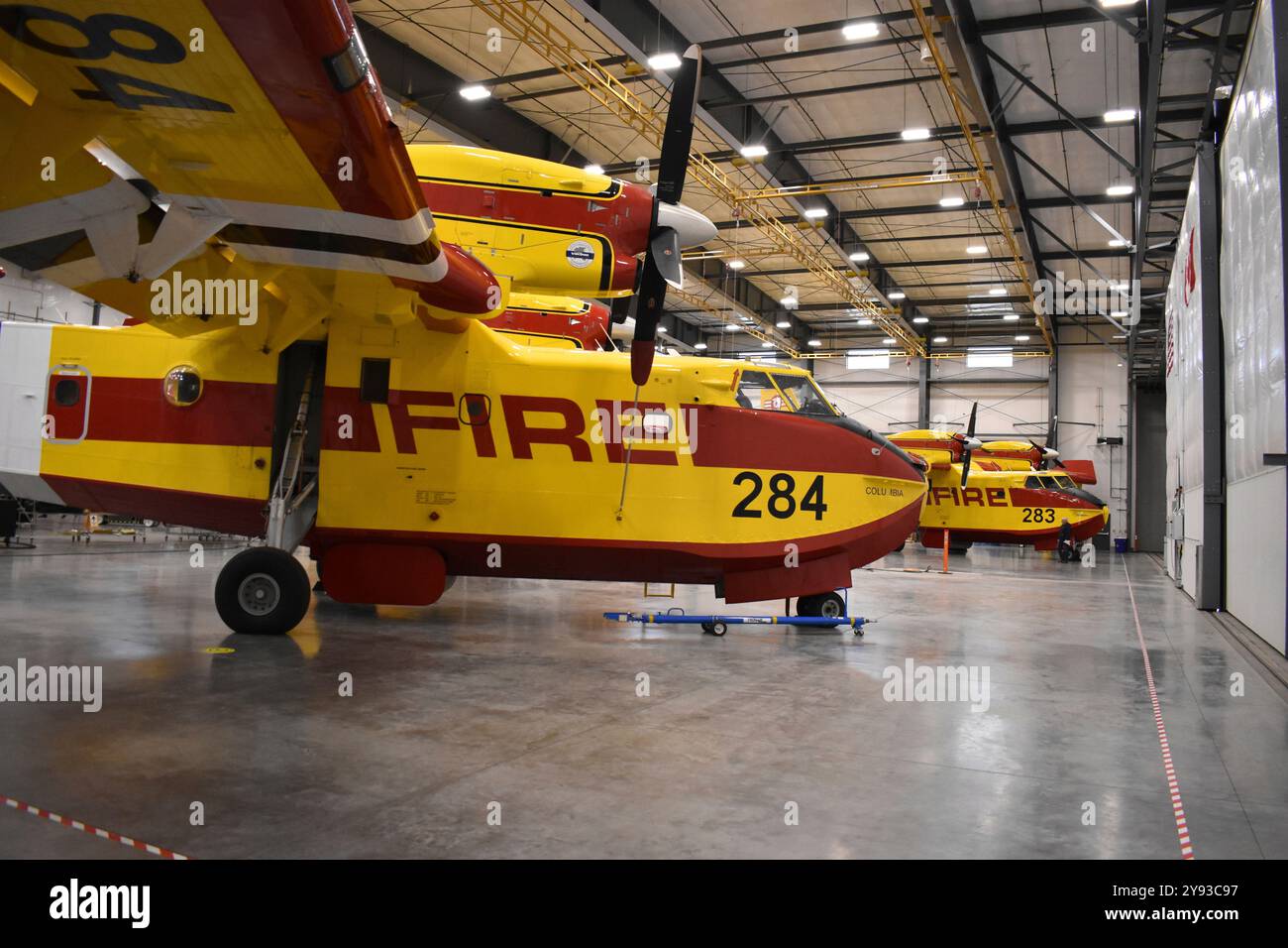 Firefighting aircraft known as "Super Scoopers" are seen inside a Bridger Aerospace hangar at ...
