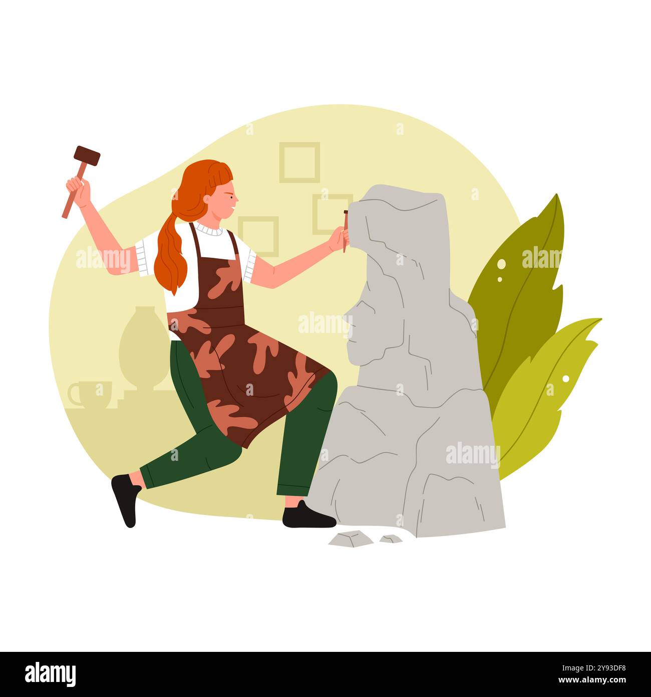 Sculptor holding hammer and chisel, woman making sculpture vector ...
