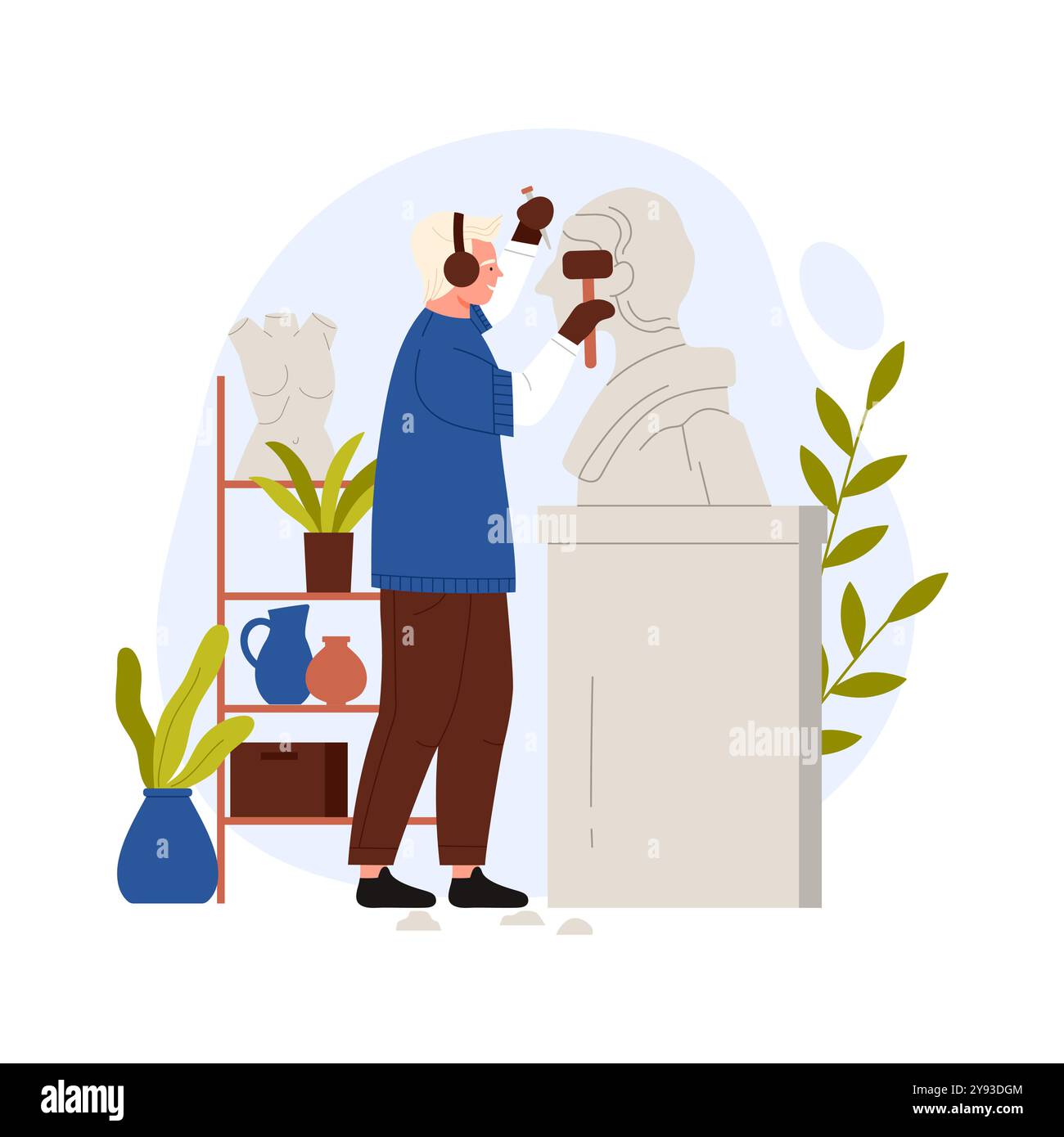 Man in headphones sculpturing stone bust, sculptor working with chisel ...