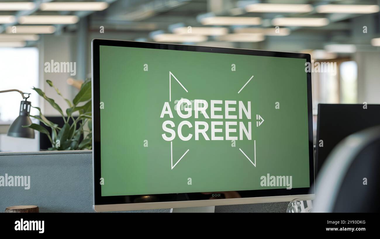 Wide Green Mock-up Screen Desktop Computer Standing on the Desk in the ...