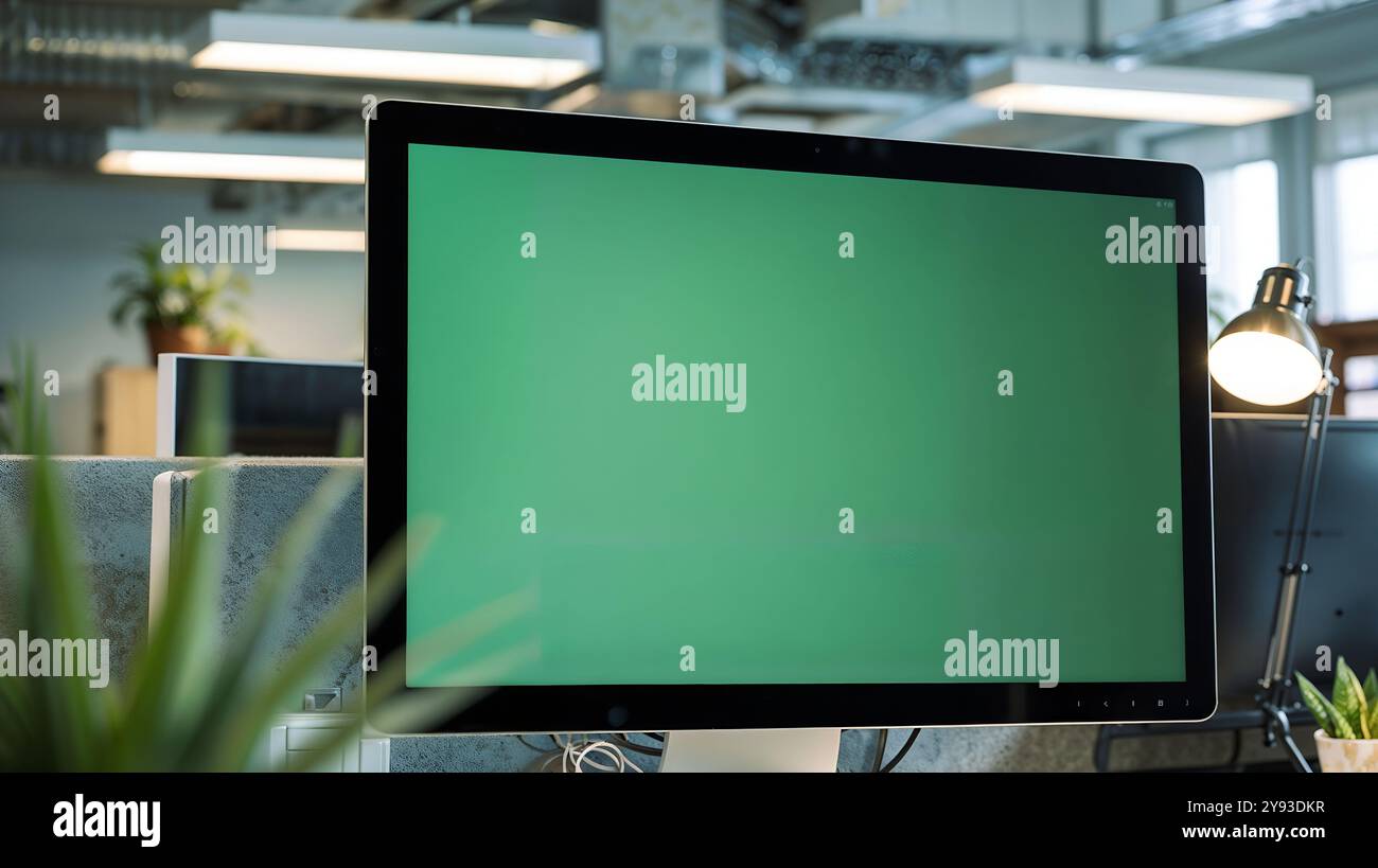Wide Green Mock-up Screen Desktop Computer Standing on the Desk in the ...