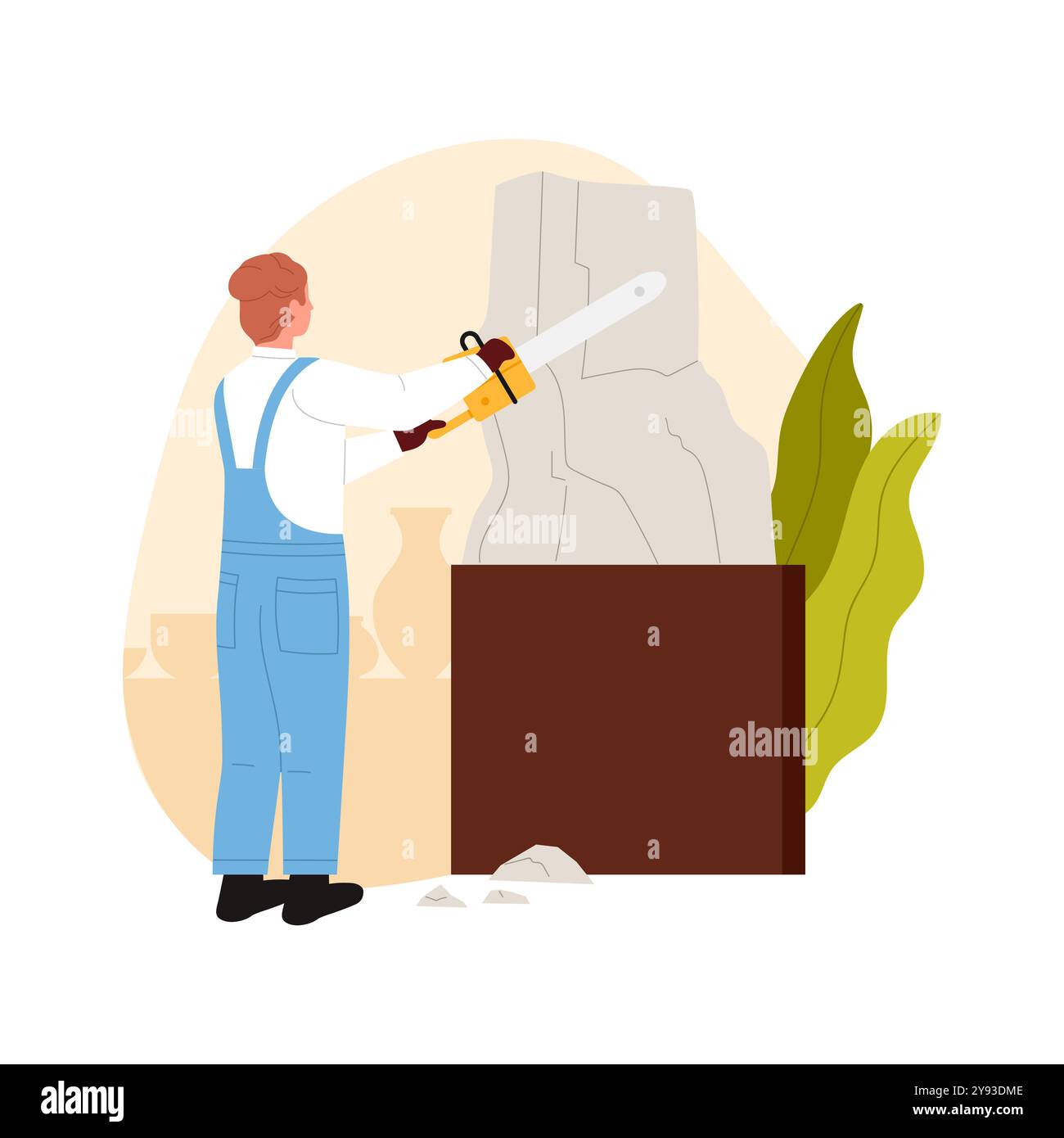 Sculptor with electric saw, man making stone statue in workshop vector ...