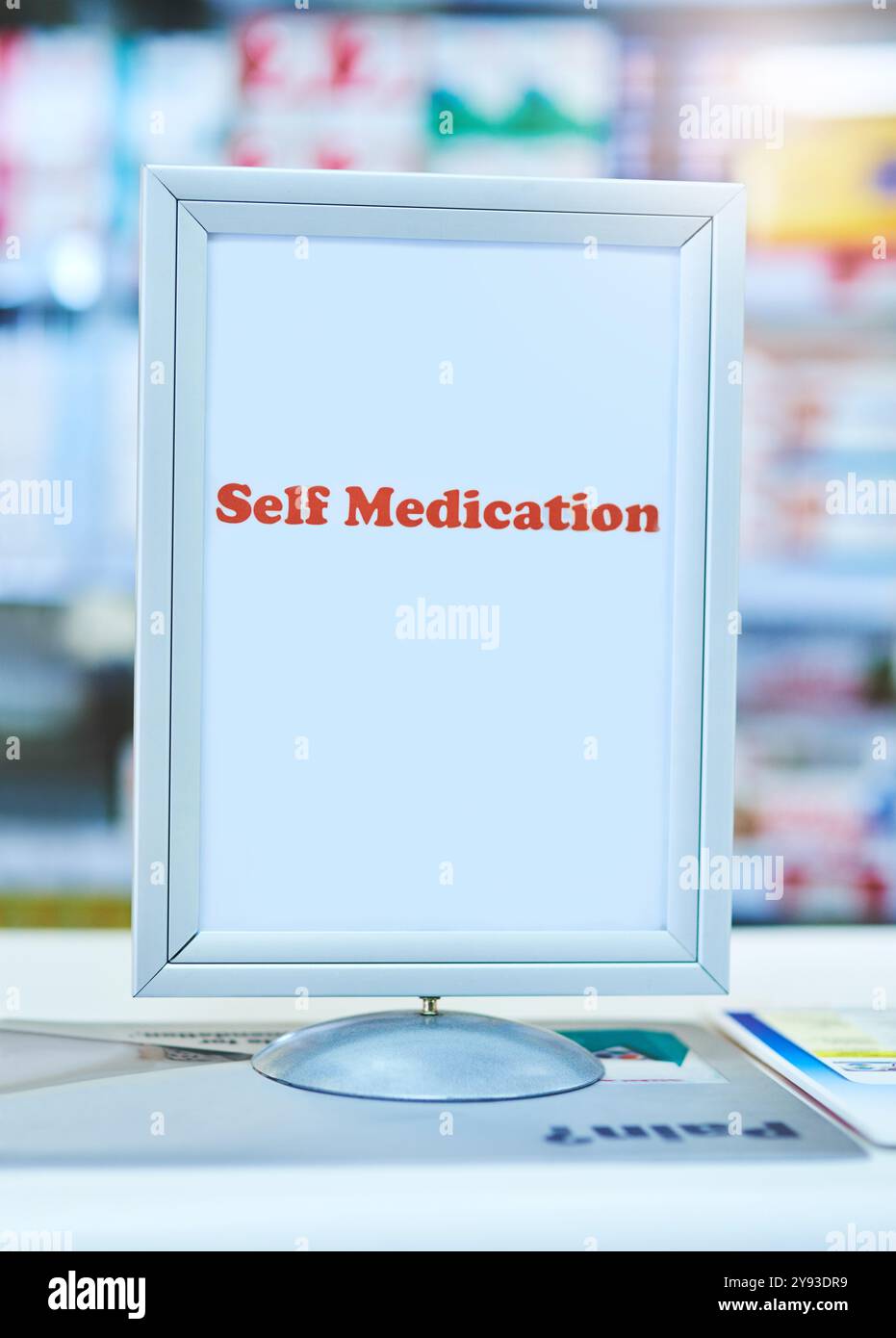 Sign, self medication and pharmacy with healthcare, counter and ...