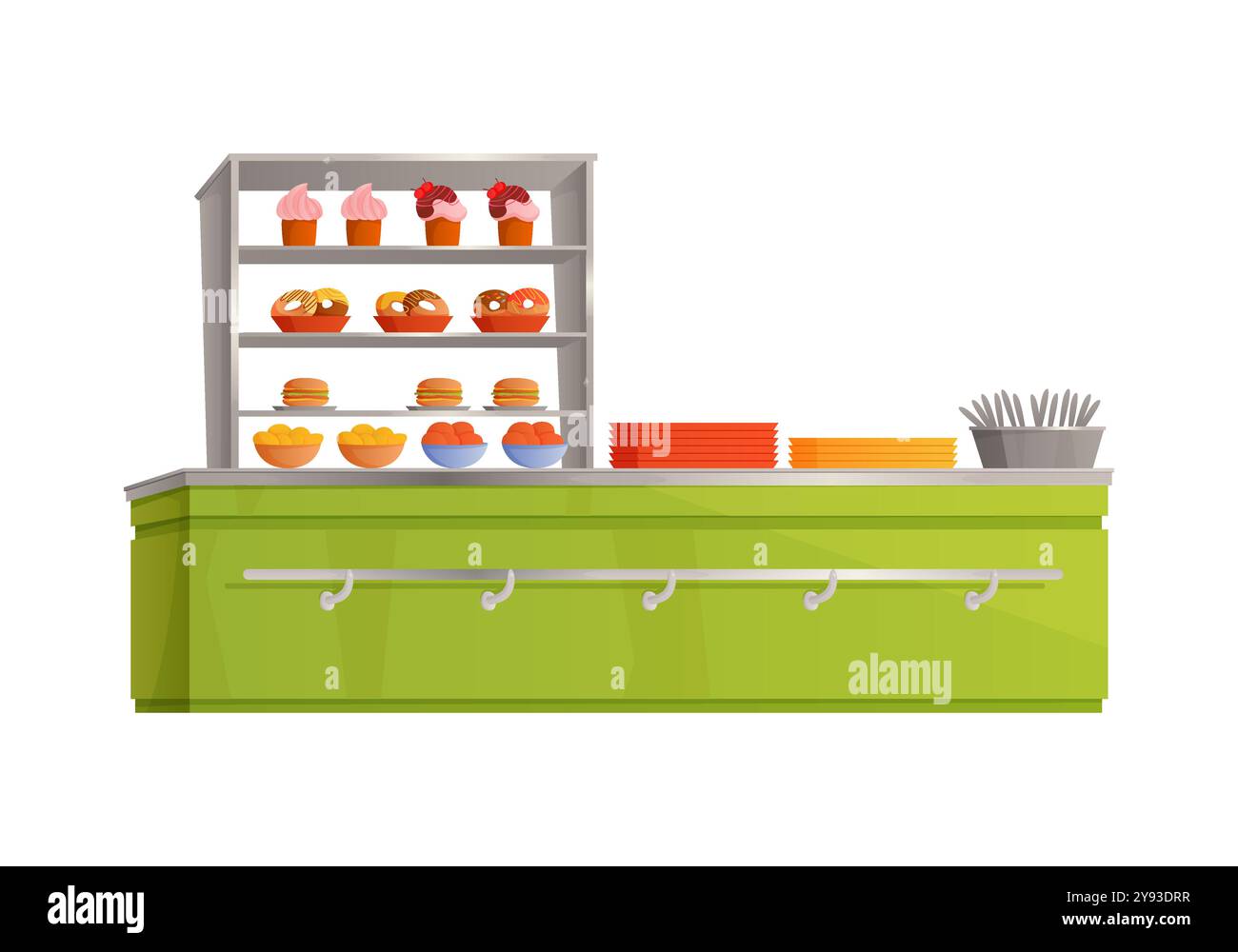 Burgers, donuts and cupcakes, plastic trays on school cafeteria counter vector illustration ...
