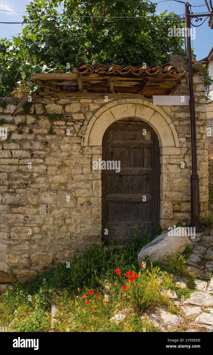 A door in an historic residential building within the fortified Berat ...