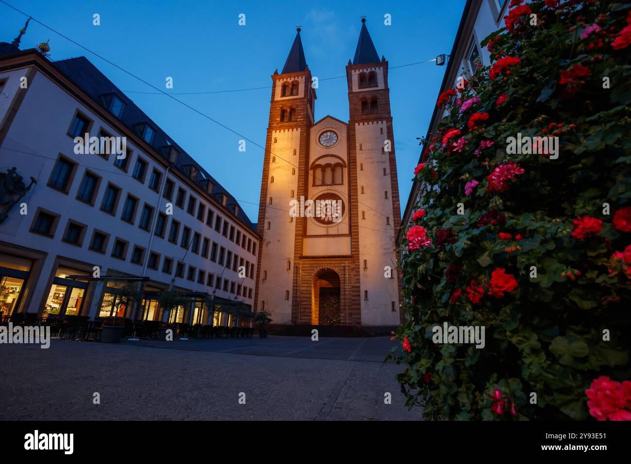 Red flowers bloom at night in cathedral of Wurzburg, Germany Stock ...