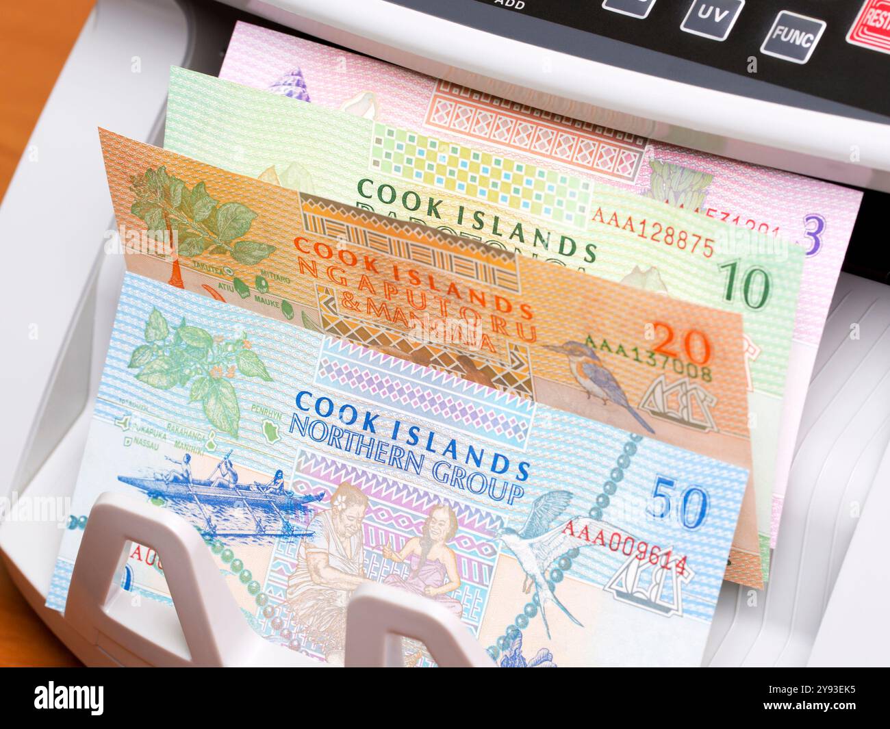 Cook Islands money - dollar in the counting machine Stock Photo - Alamy