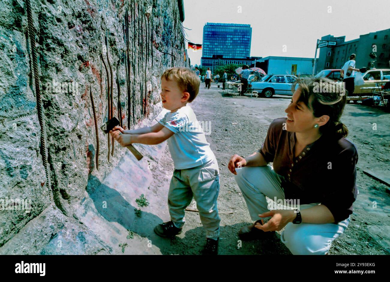 Berlin, Germany, Mother & Child, Street Scene, Chipping at Berlin Wall ...