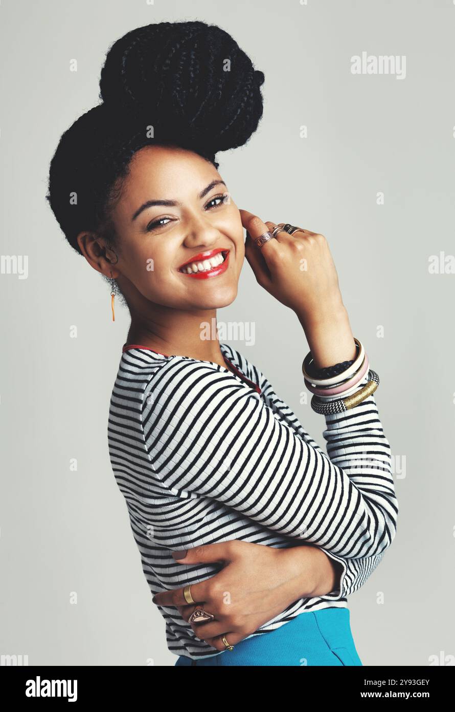 African woman, portrait and fashion for smile, confidence and formal ...
