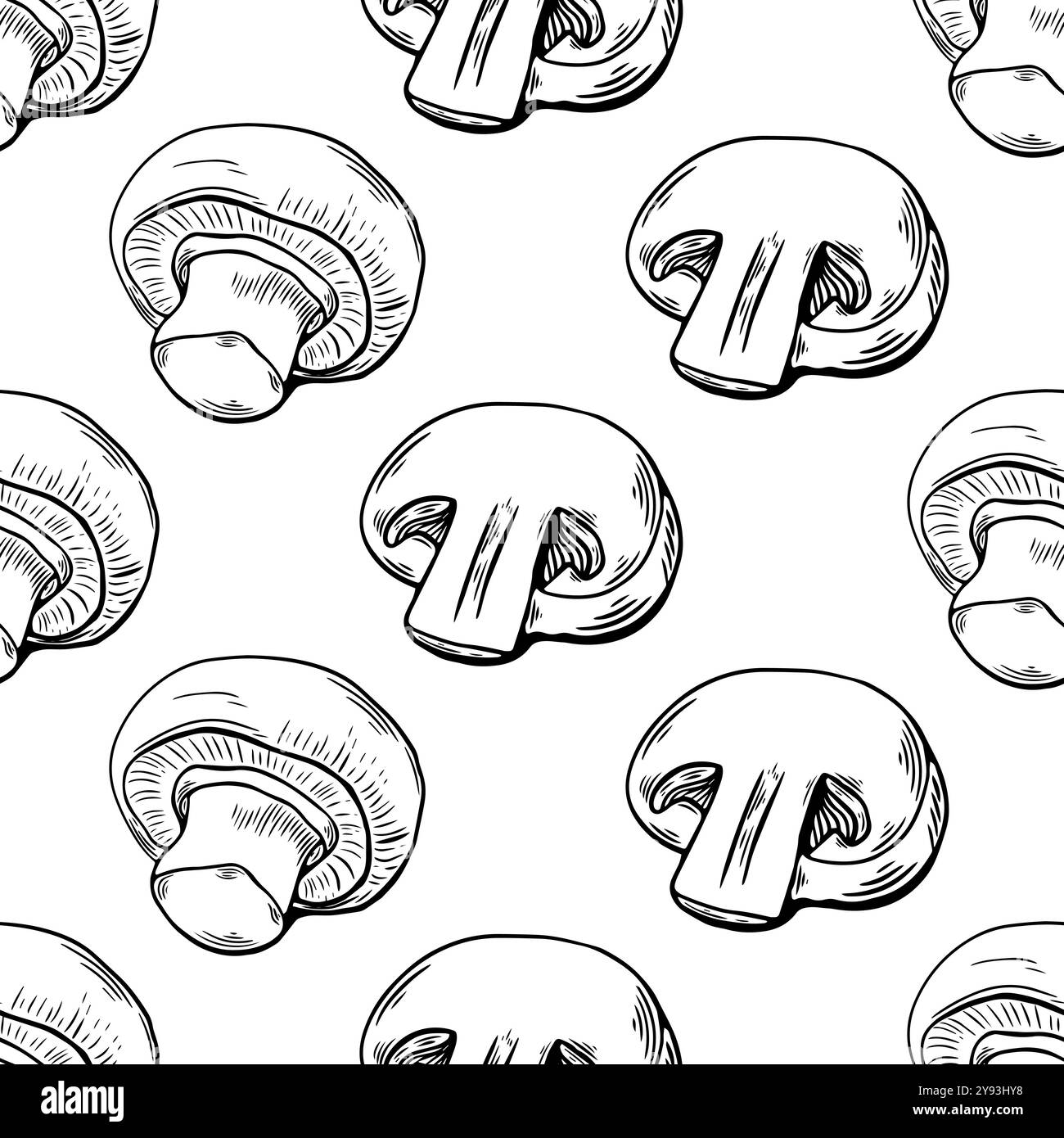 Seamless pattern, sketch of champignon mushroom,cut, piece engraving ...
