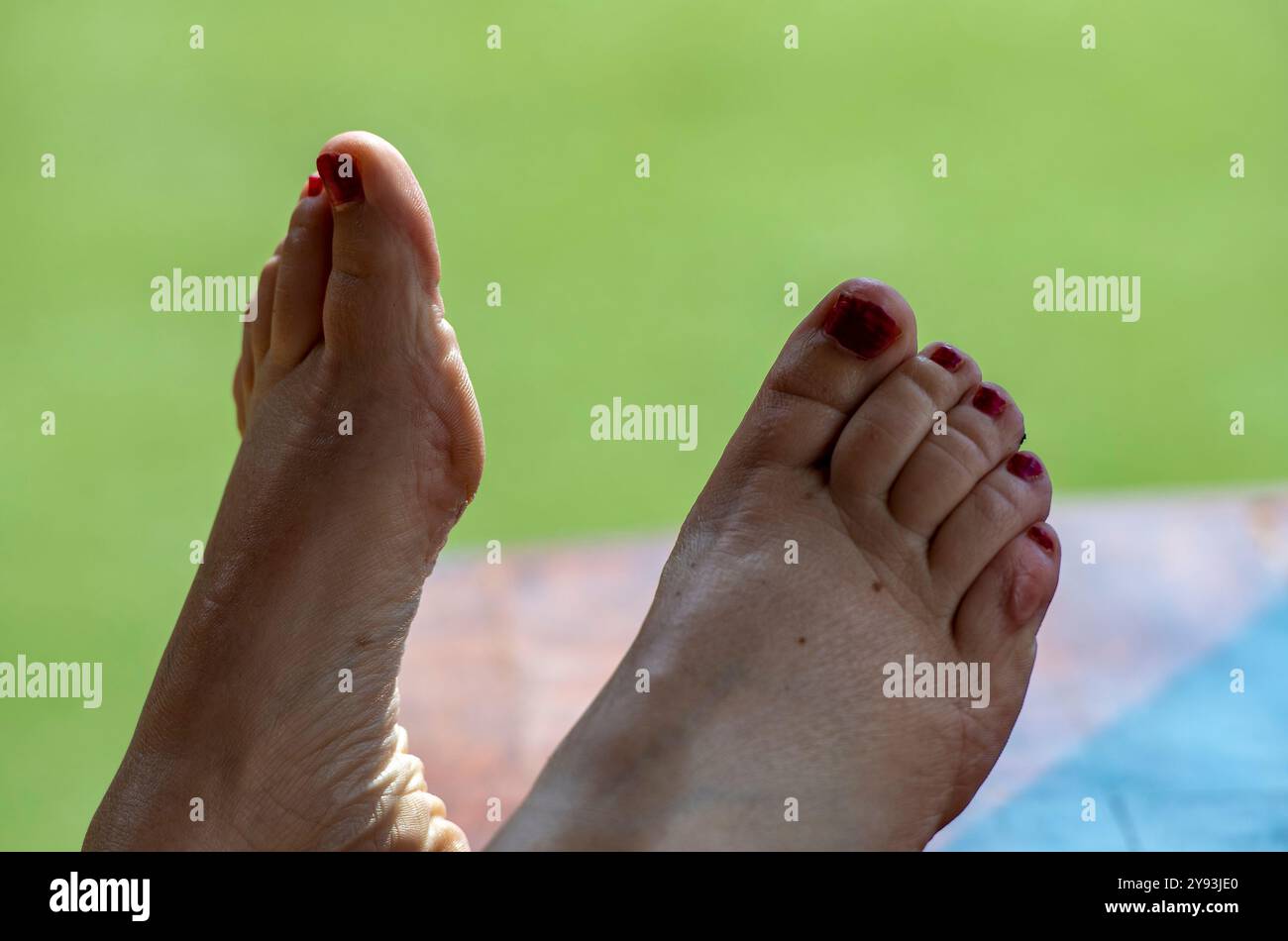 painted toenails and small stubby toes on a close-up of a pair of feet ...