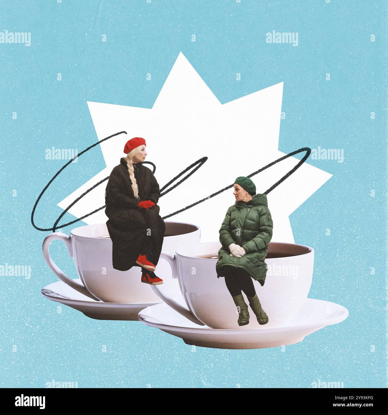 Contemporary art collage. Women in winter coats sit inside giant ...