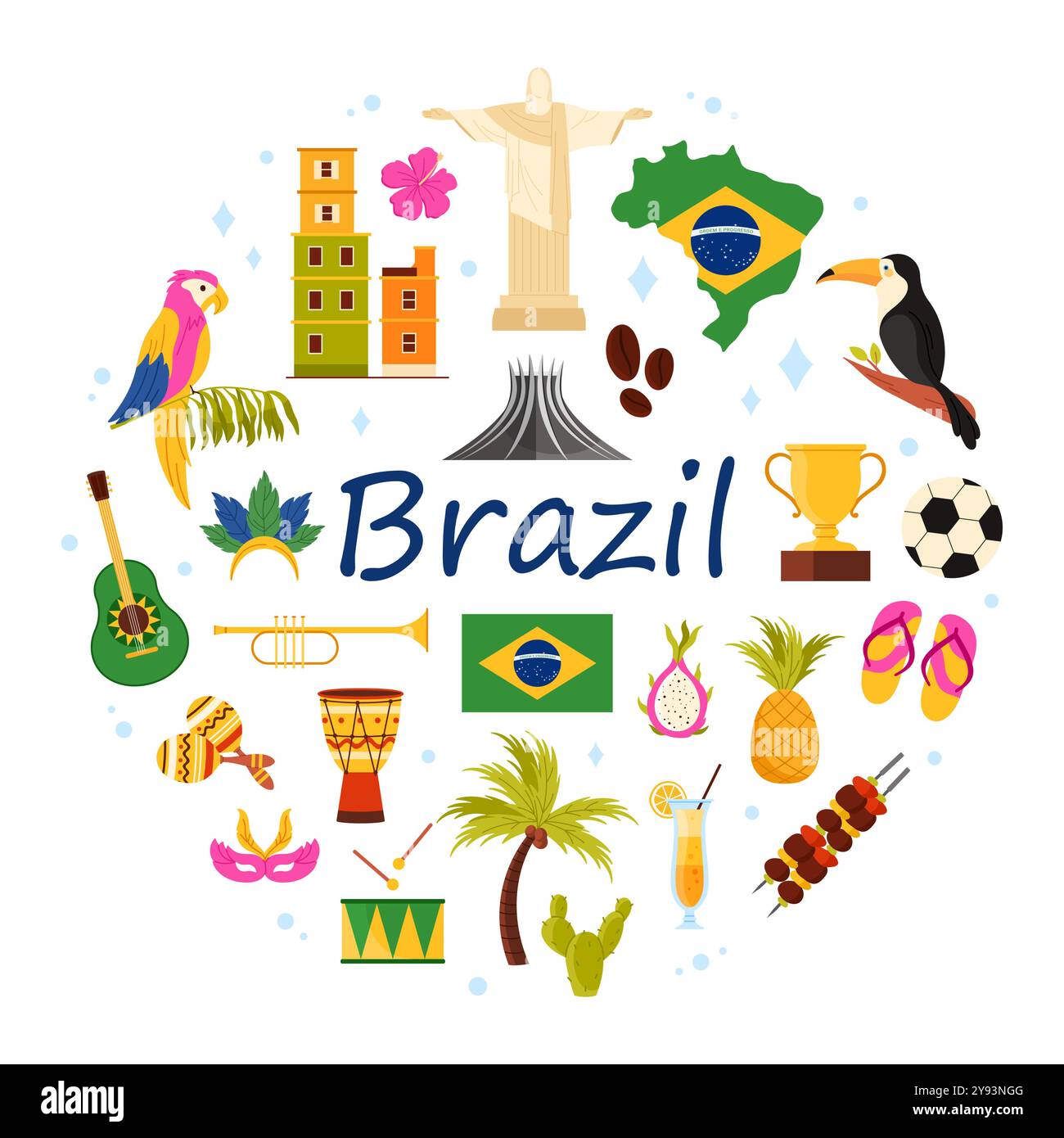 Brazilian culture elements and landmarks, flag and map of Brazil, musical instrument and ...