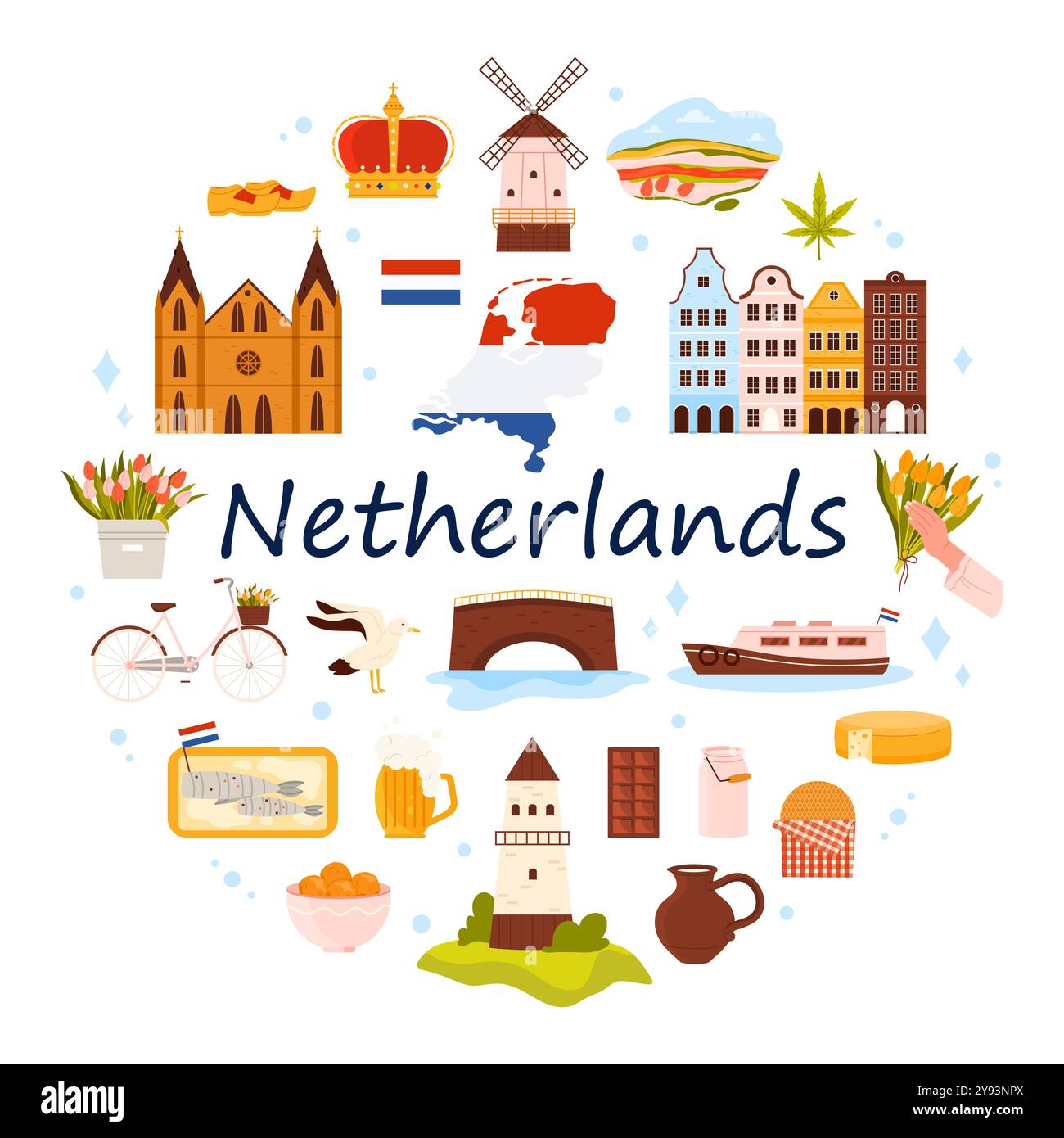 Holland culture elements and landmarks of Amsterdam, flag and map of ...